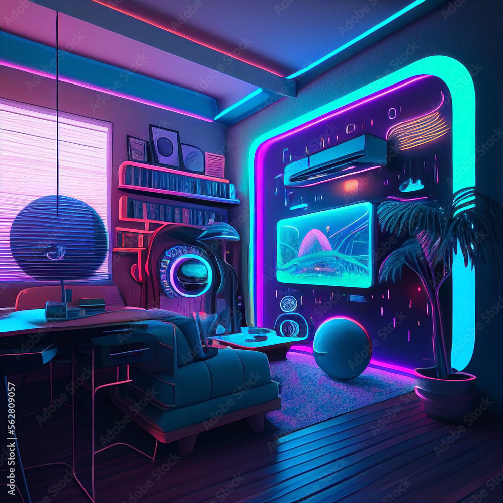 Ai generated. Futuristic teen room interior design. Gaming living room ...