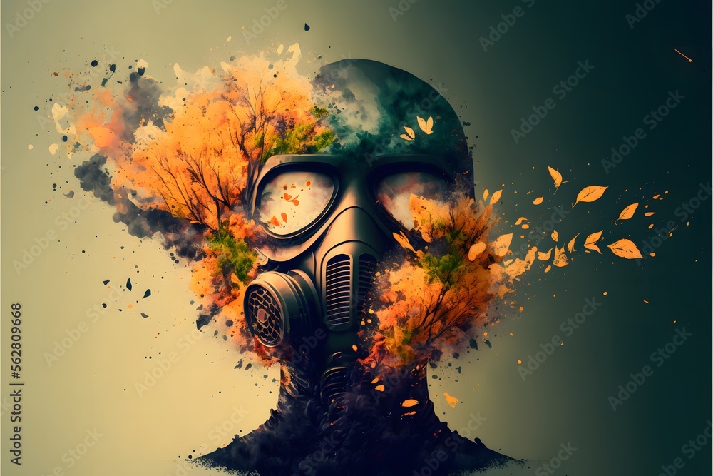 Air Pollution. A person wearing a gas mask. Radioactive. Radioactivity ...