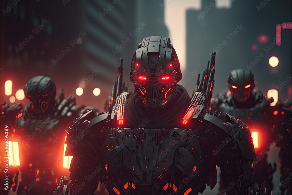 Cyborg Army Marching Through City - Futuristic Warfare Concept ...