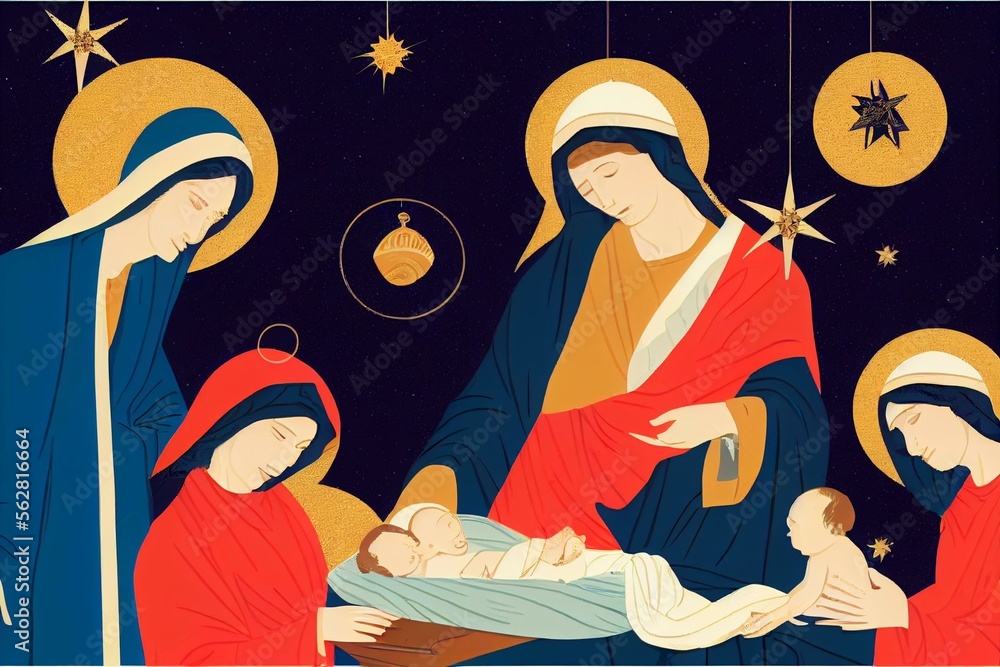 The birth of christ - abstract gold line drawing The Nativity with mary ...