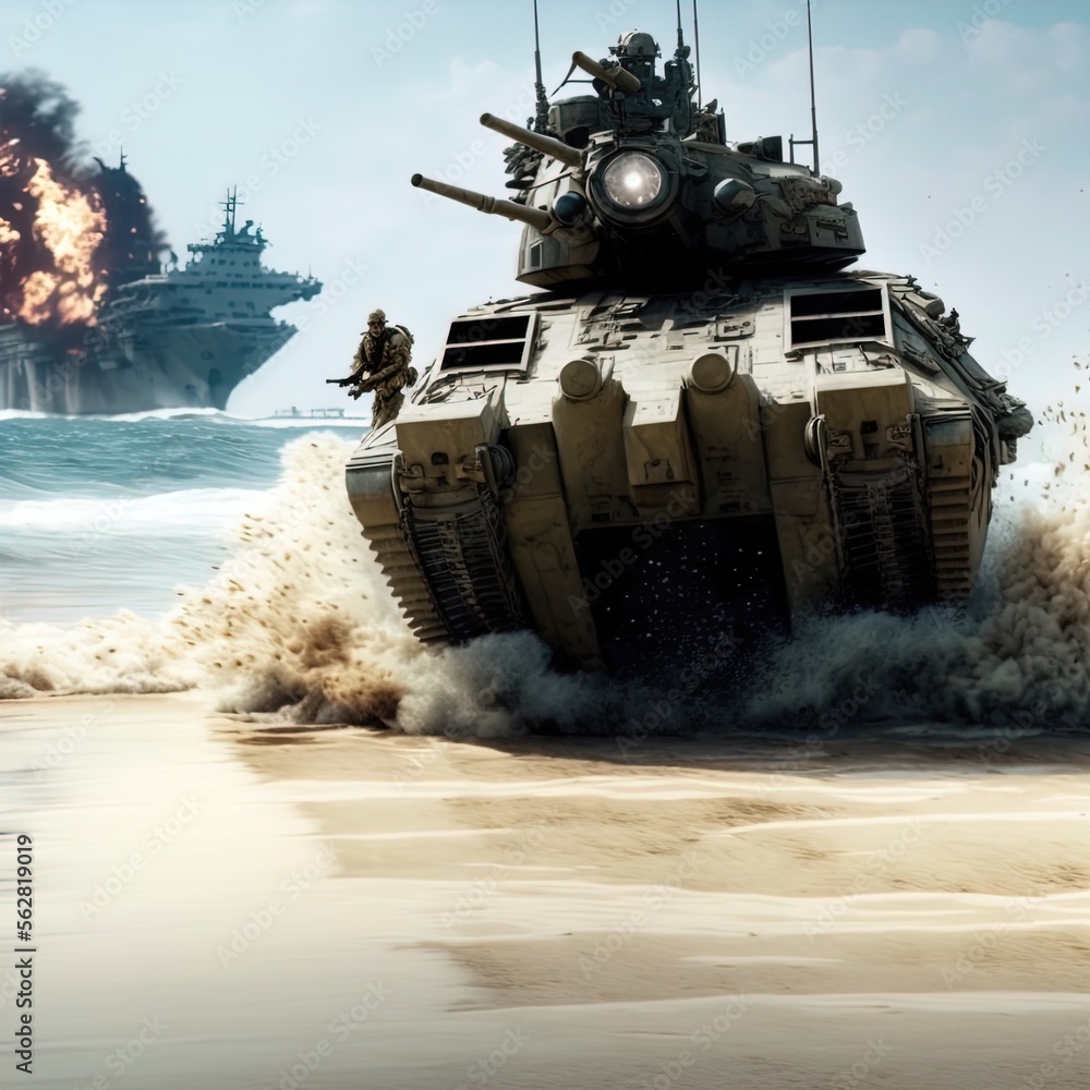 Marine invasion on the beach. Action scene created with Generative AI ...