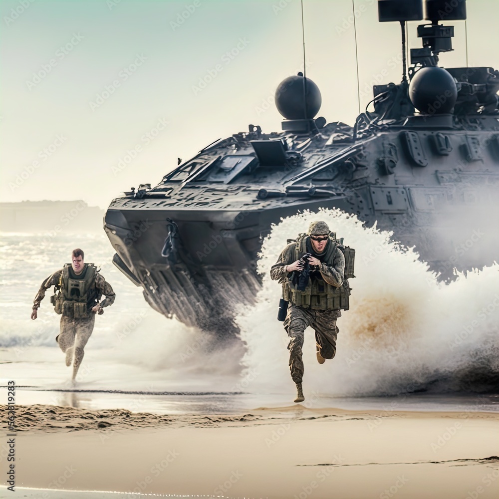 Marine invasion on the beach. Action scene created with Generative AI ...