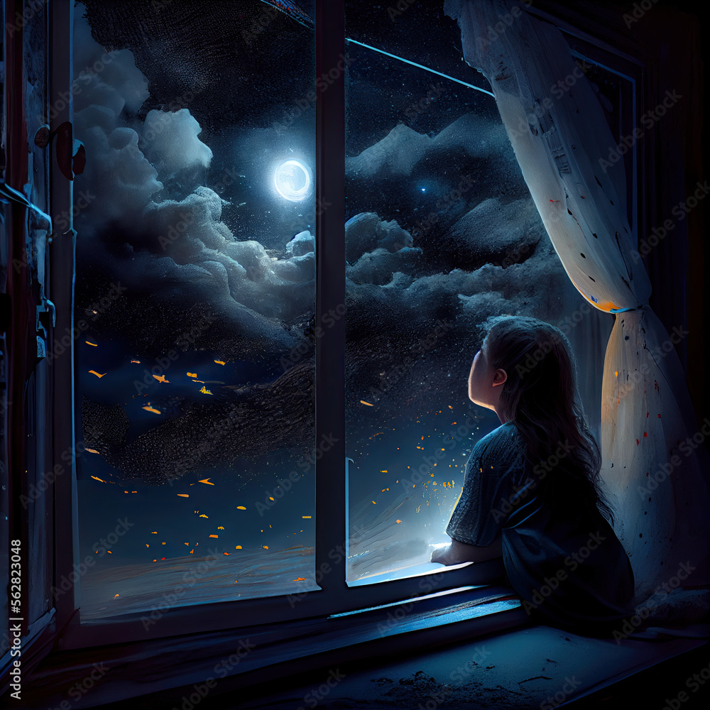 Child watching stars from his chamber - By Generative AI Stock ...