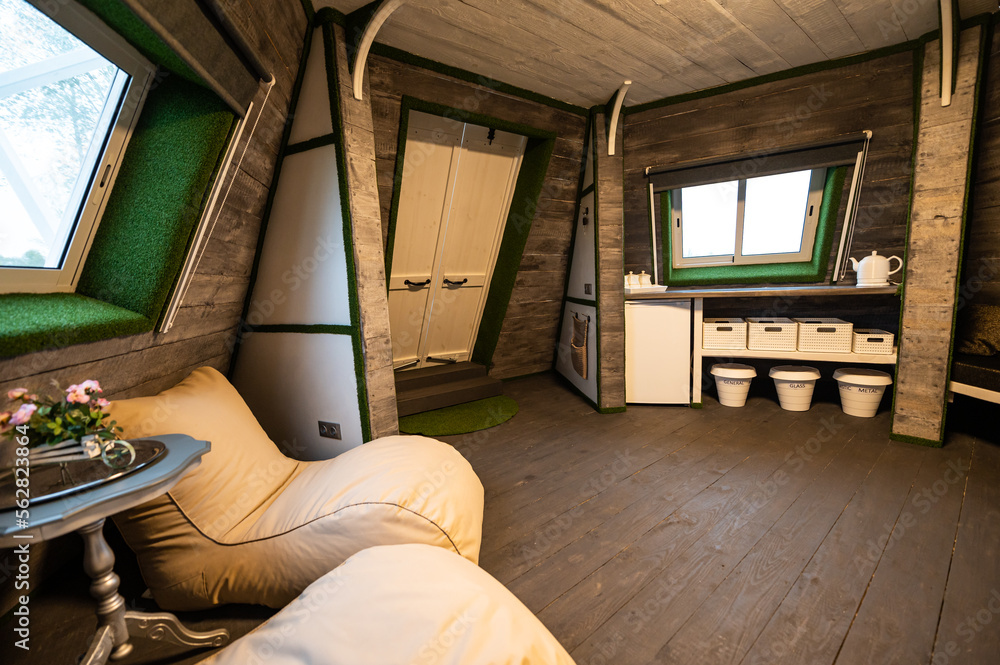 Wooden interior design. Living room of summer house. Pyramid shape ...