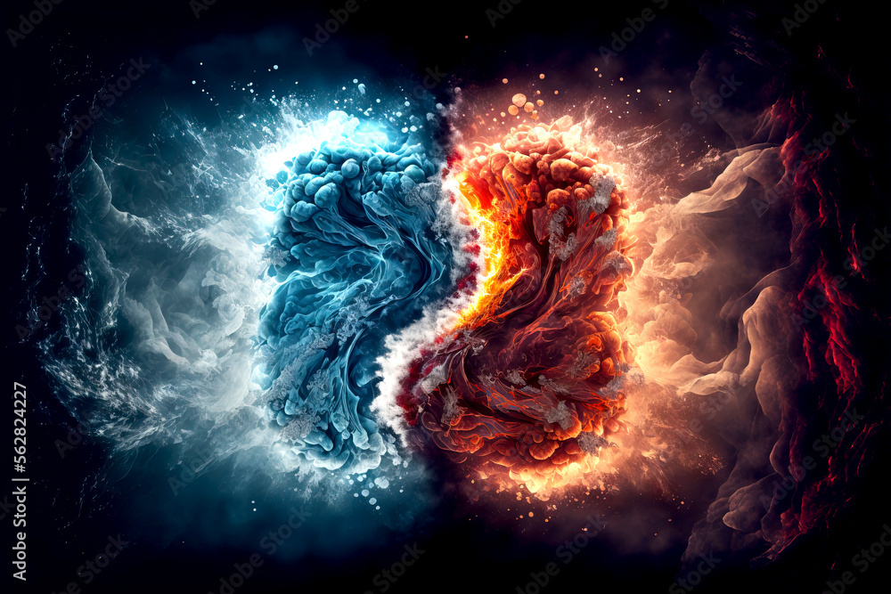 Fire and ice concept. Good and evil. Hot and cold. Exploding fire. Exploding ice. Square divided ...