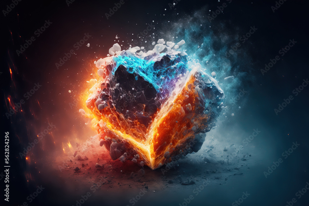 Fire and ice concept. Good and evil. Hot and cold. Exploding fire. Exploding ice. Snow surface ...