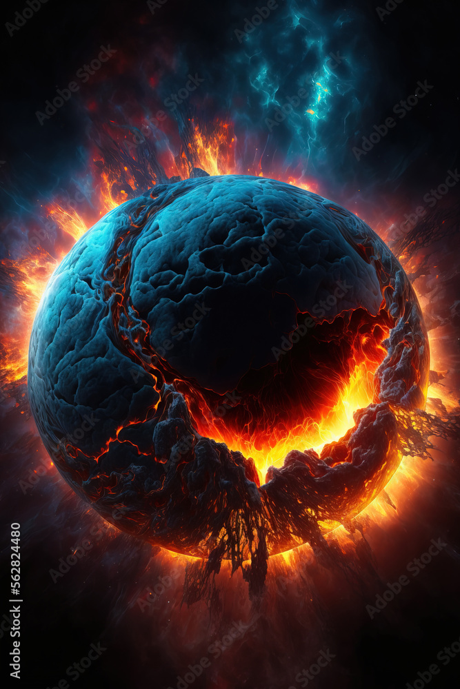 Flaming planet sphere. Exploding planet. Ice planet. Fire planet. Fire and ice concept. Good and ...