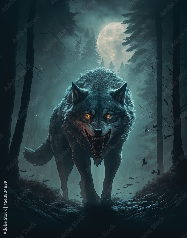 Werewolf lycanthrope. Dark misty forest full moon. Evil glowing eyes ...
