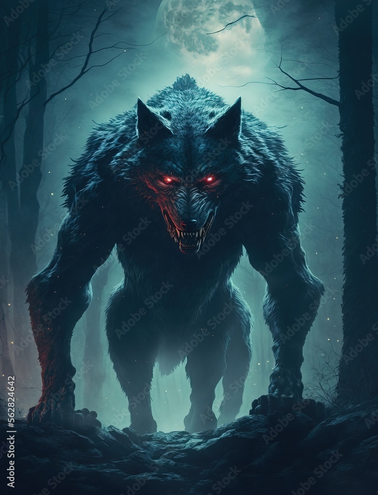 Demonic black Werewolf lycanthrope. Dark misty forest full moon. Evil glowing eyes and sharp ...