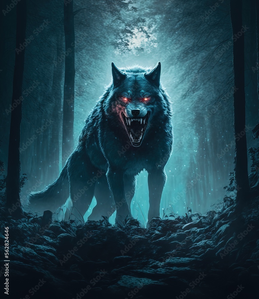 Werewolf lycanthrope. Dark misty forest full moon. Evil glowing eyes and sharp fangs. Black ...