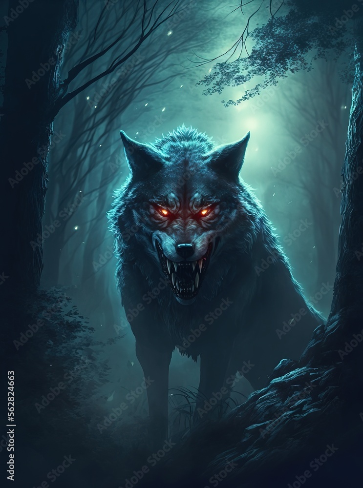 Glowing red eyes. Werewolf lycanthrope. Dark misty forest full moon ...