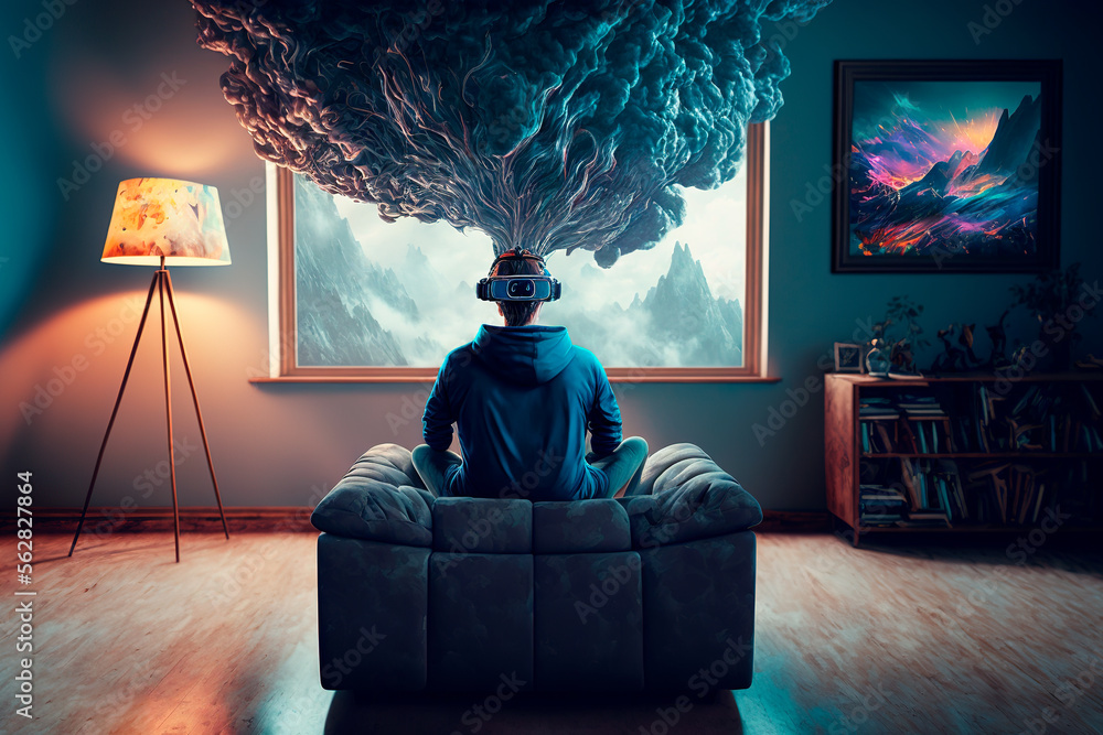 Anonymous person sitting connected in an imaginary world through ...