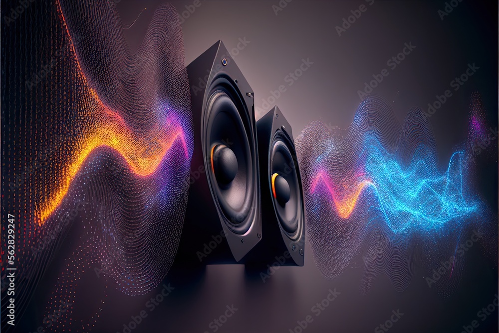Speakers and sound waves oscillating. Technology futuristick background ...