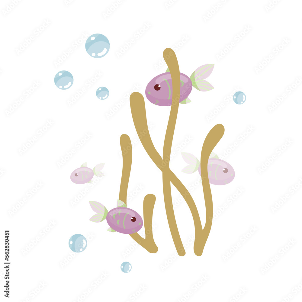 Cartoon flocks of fish swim among the algae. Vector graphics. Stock ...