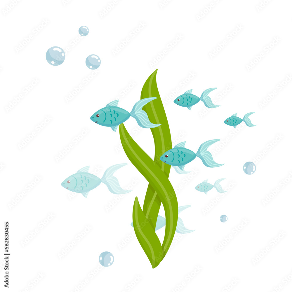Cartoon flocks of fish swim among the algae. Vector graphics. Stock ...