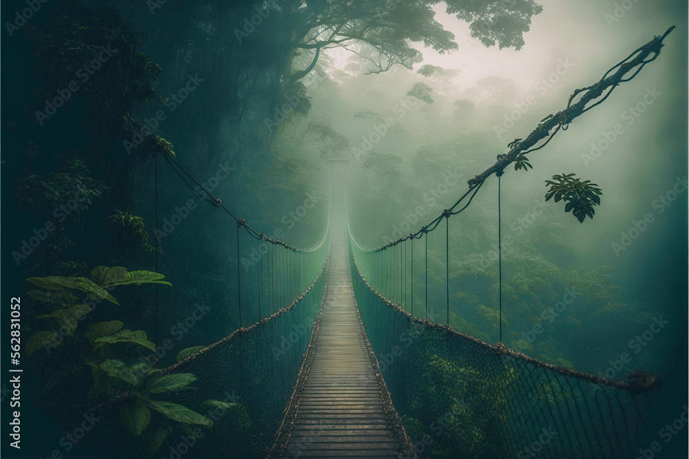 Suspension bridge in the jungle in the fog. Jungle rope bridge in a ...