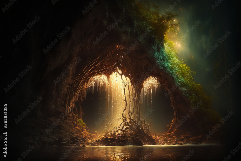 Tropical ancient cave ecosystem with natural light coming through ...