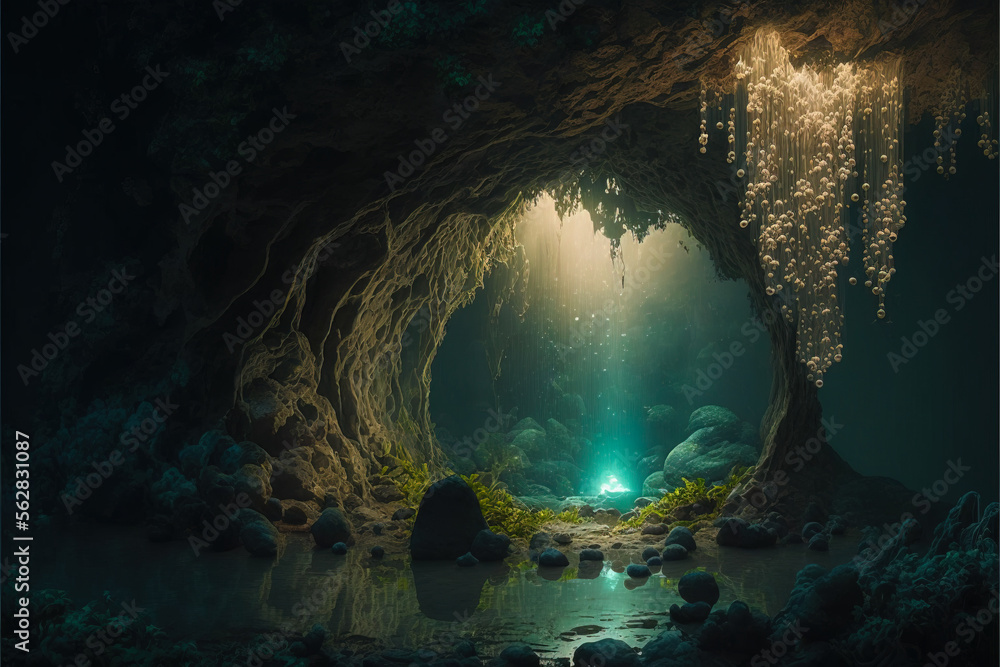 Tropical ancient cave ecosystem with bioluminescent glowing organisms ...