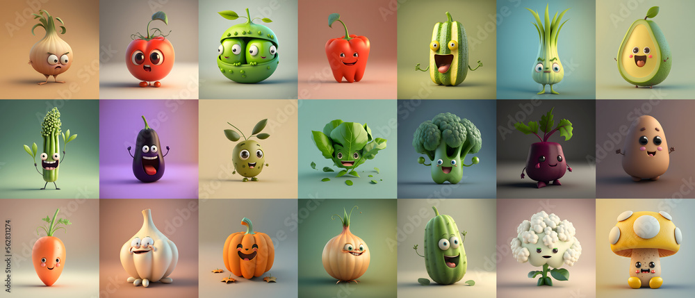 Happy Vegetables, Cute Cartoon 3D Collection, Simple Background ...