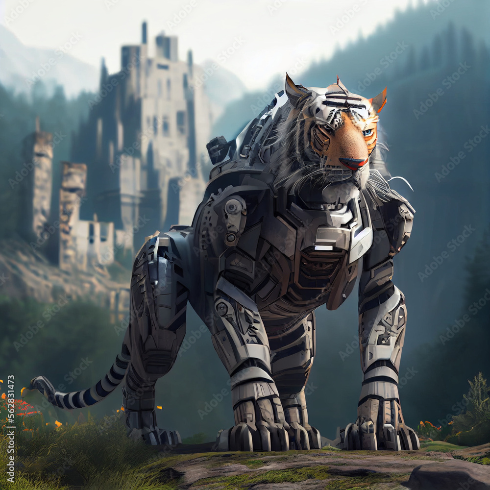 Tiger in robot armor standing infront of white castle Illustration ...