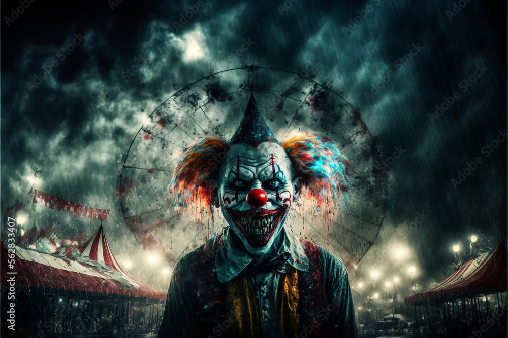 Horror clown and creapy funfair or circus. Concept of evil and fear ...