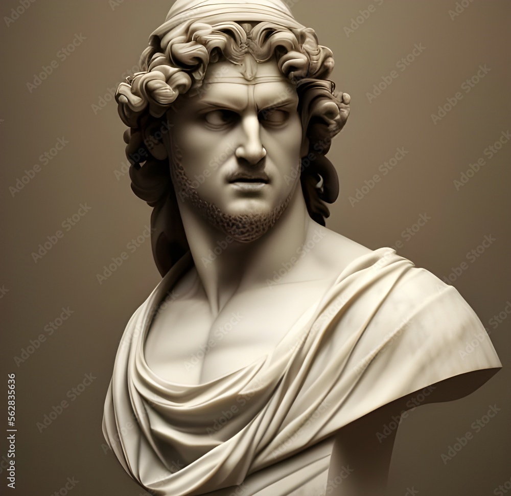 Generative AI image featuring a white marble statue bust of a handsome ...