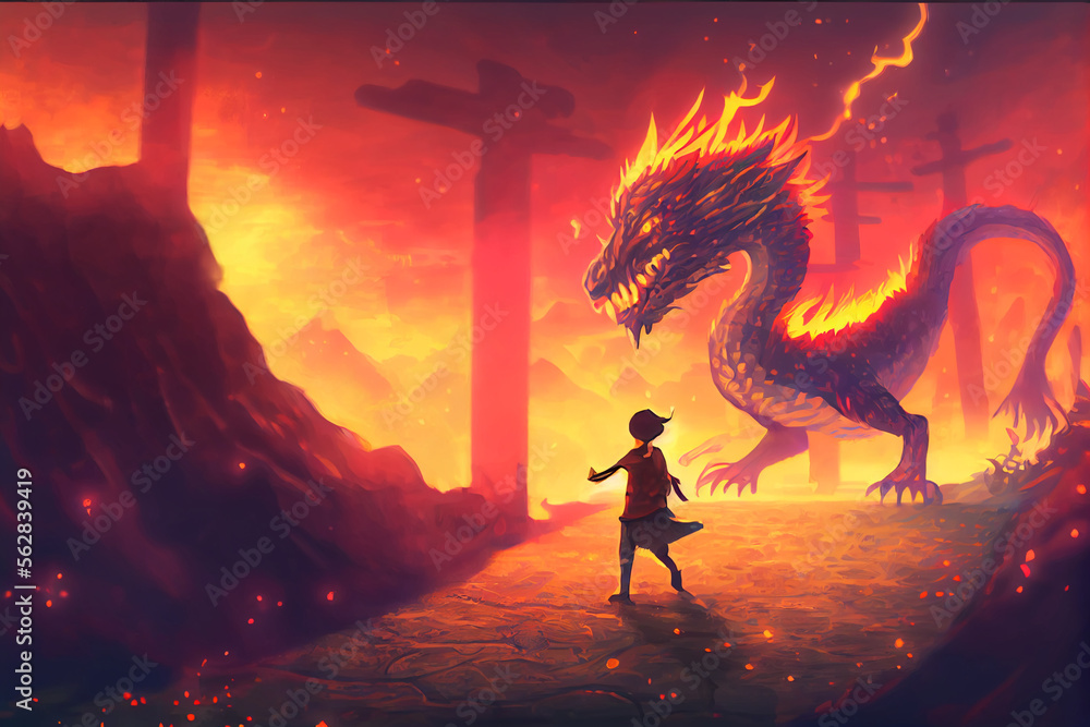 fantasy scene showing the young boy running away from the fire dragon ...