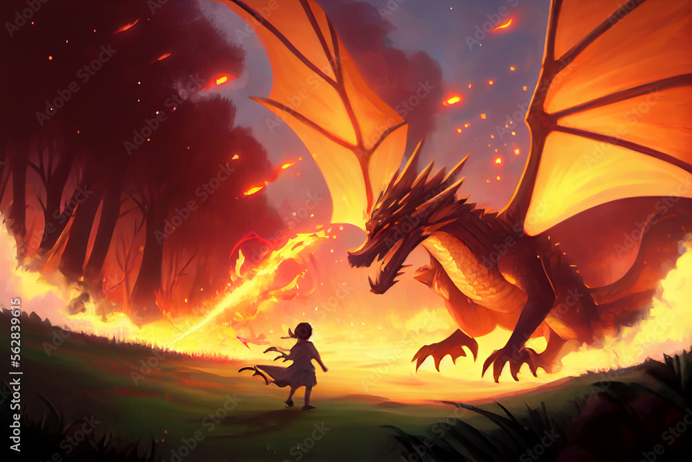 fantasy scene showing the young boy running away from the fire dragon ...