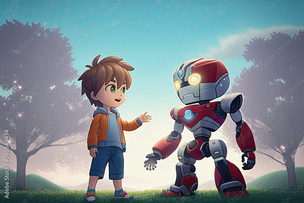 ai generative illustration of a boy meeting a robot for the first time ...
