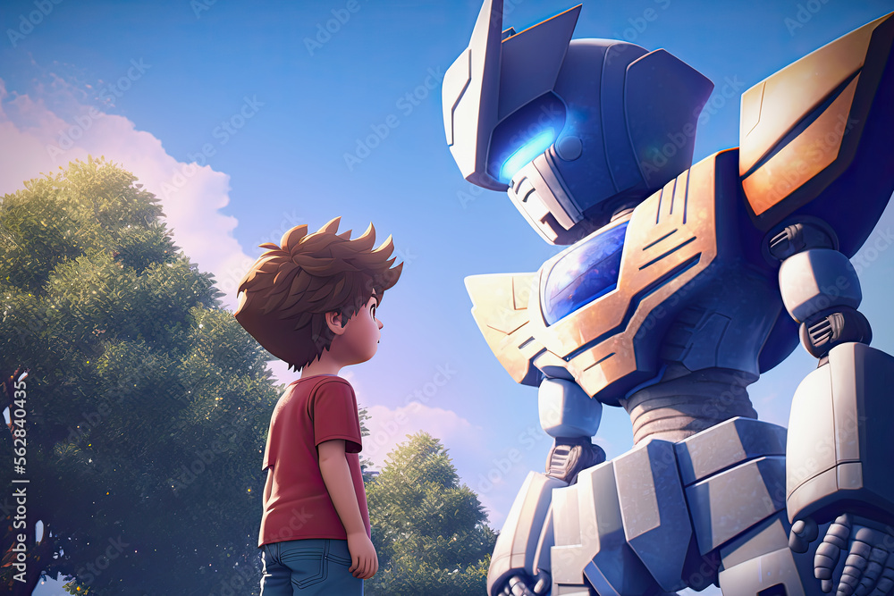 ai generative illustration of a boy meeting a robot for the first time ...