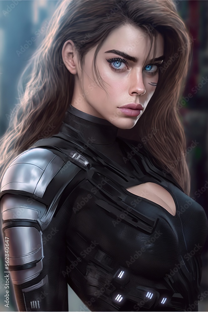 Beautiful Anime Brunette In Black Sci Fi Outfit Generative Ai Not