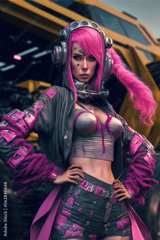 Pink-Haired Cyberpunk Princess Posing in Front of a Hypermodern Vehicle ... Pink-Haired Cyberpunk Princess Posing in Front of a Hypermodern Vehicle ...