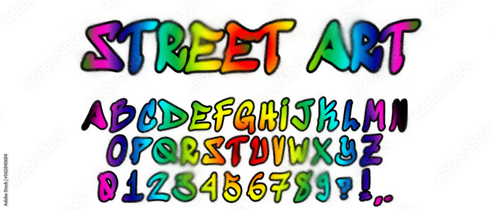 Multicolor graffiti alphabet with capital letters and numbers on ...