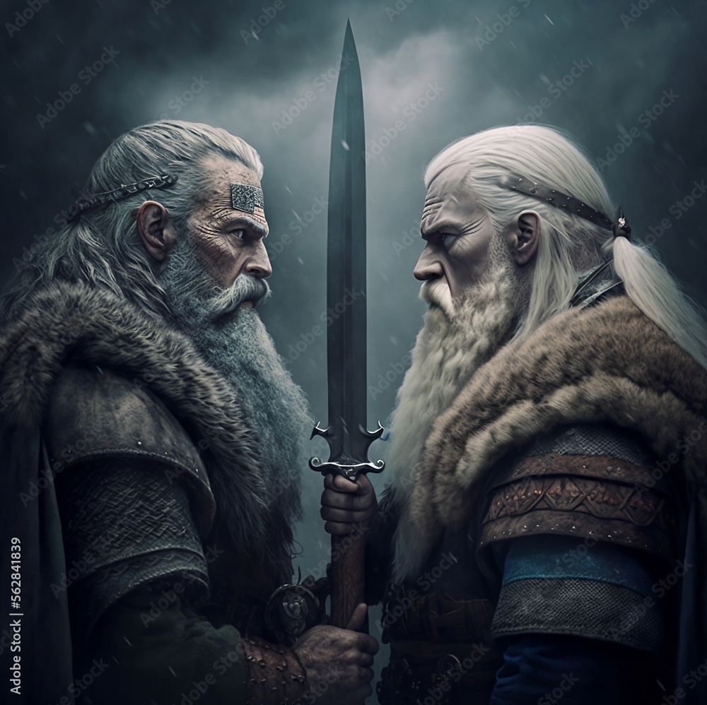 A 2 old Viking warriors with sword between them, 2 Medieval Viking ...
