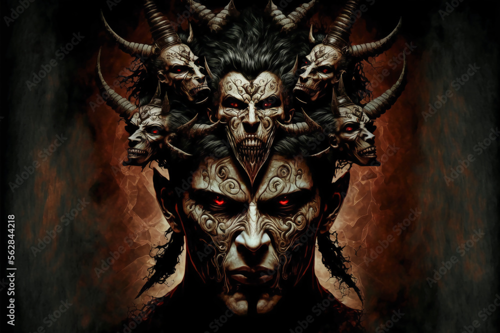 Demon, devil or Satan with many heads. Symbol of evil or hell ...