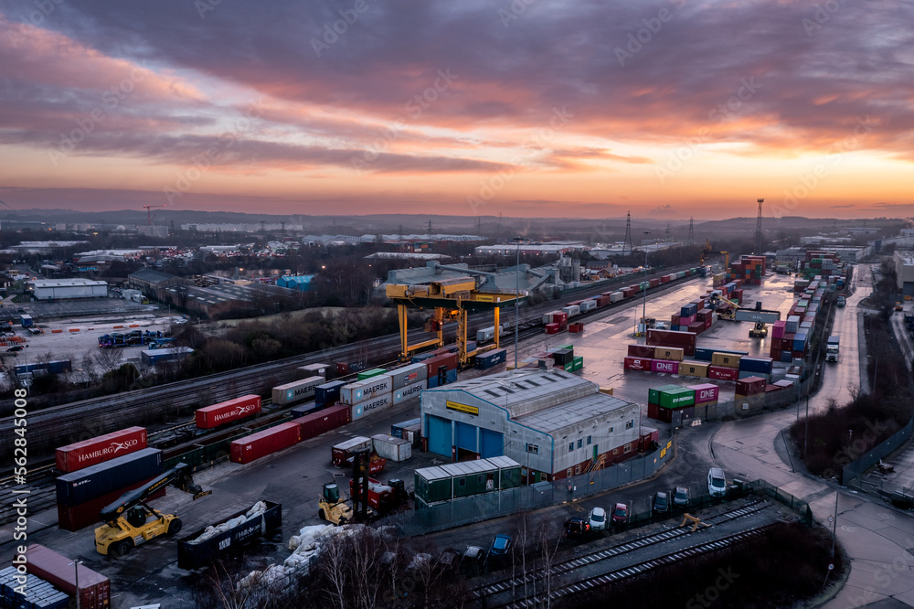 Aerial view of shipping containers at a rail and road terminal at ...