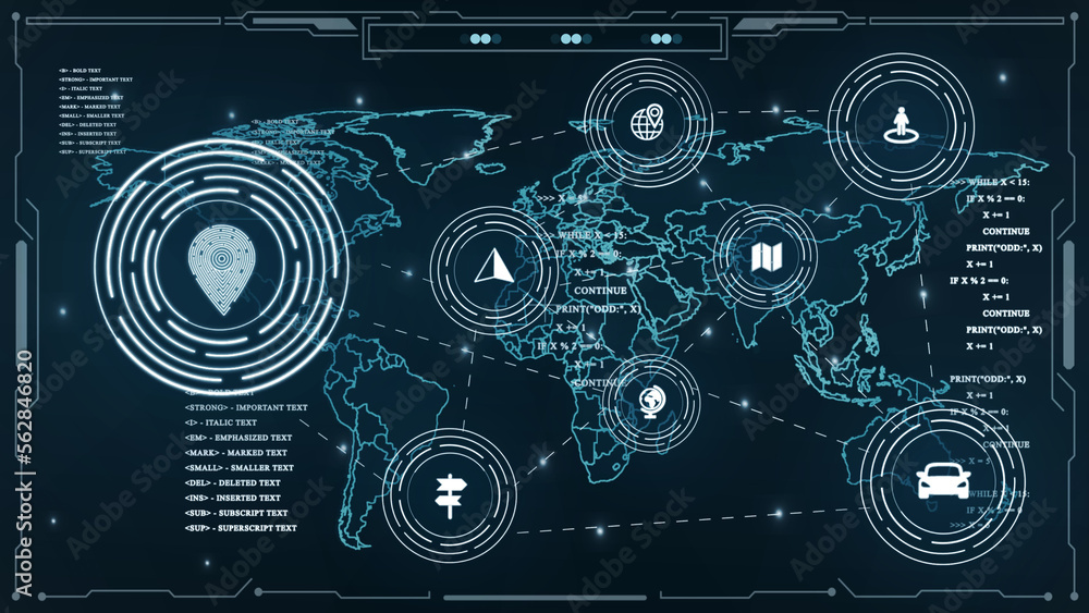 Concept of gps Wide glowing map pin icon on dark blue background with ...