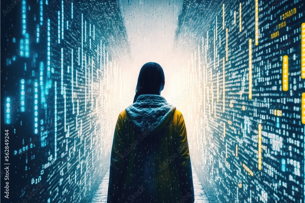 Generative AI person in digital world, binary world landscape, numbers ...