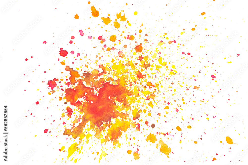 Orange, yellow wide watercolor spray brushstroke backdrop. Splash hand ...