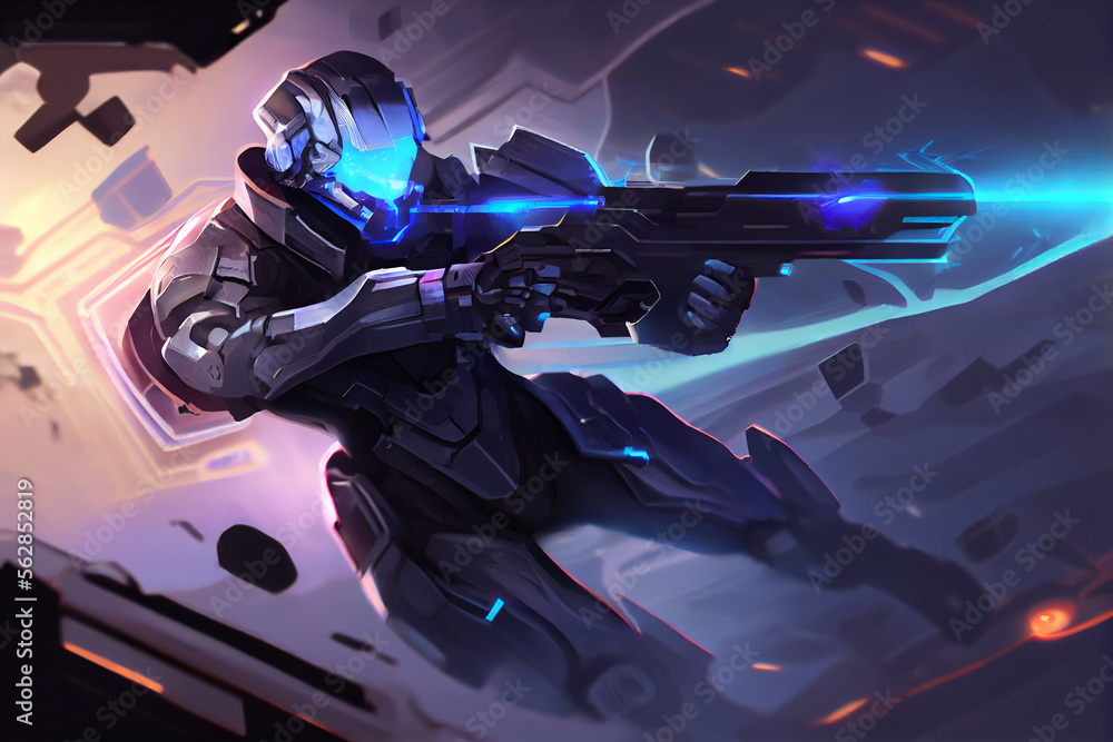 sci-fi gaming character in futuristic suit aiming weapon,shooting gun ...
