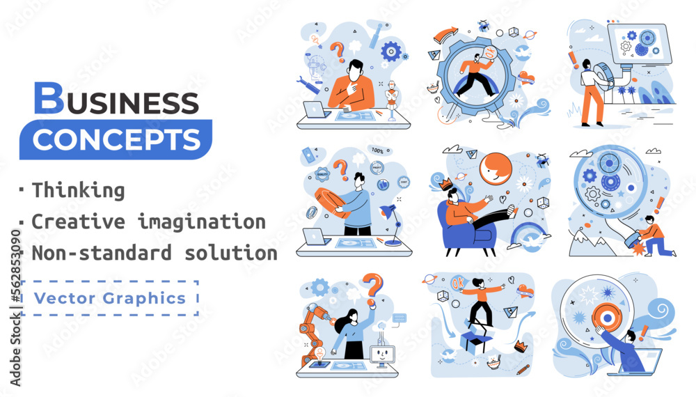 Creative thinking. People with different mental mindset types or model ...