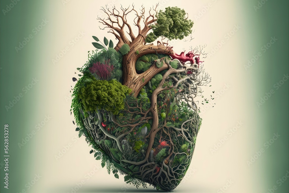 Generative AI illustration of human heart made of plants and trees ...
