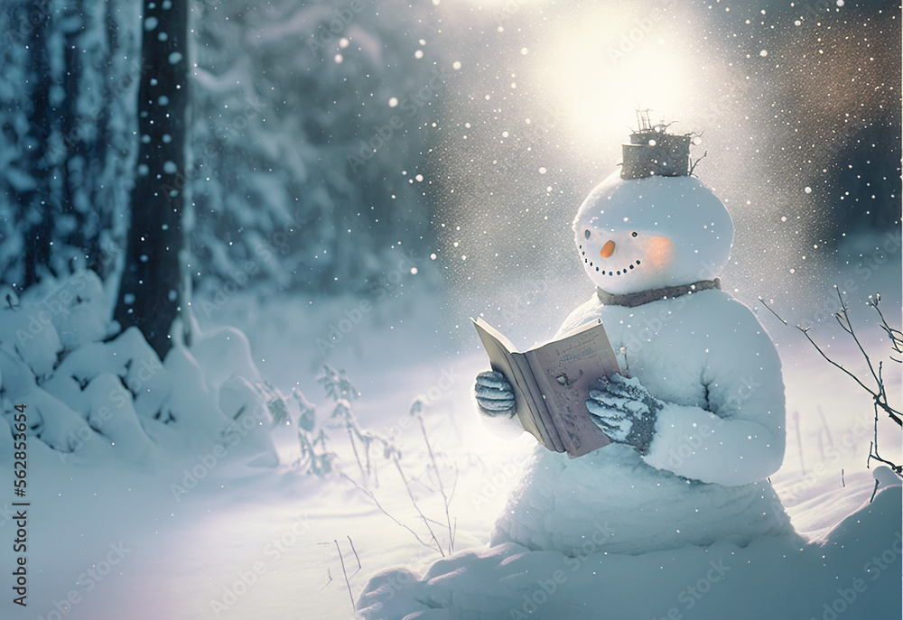 Image of a cheerful snowman reading a book with a carrot nose built by ...