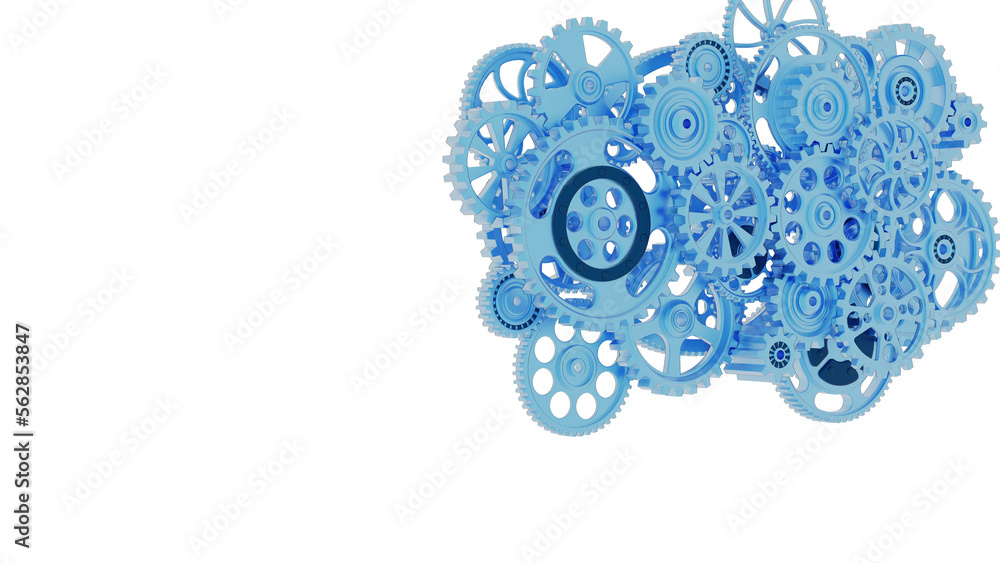Mechanism blue metallic gears and cogs at work under white spot ...