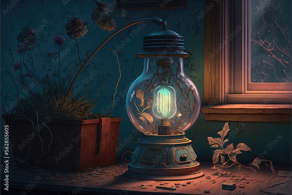 Glass lamp with flame, glowing in the dark. Retro futuristic still life ...