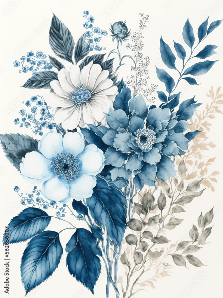 boho minimalist watercolor floral elegance french blue background, AI ...