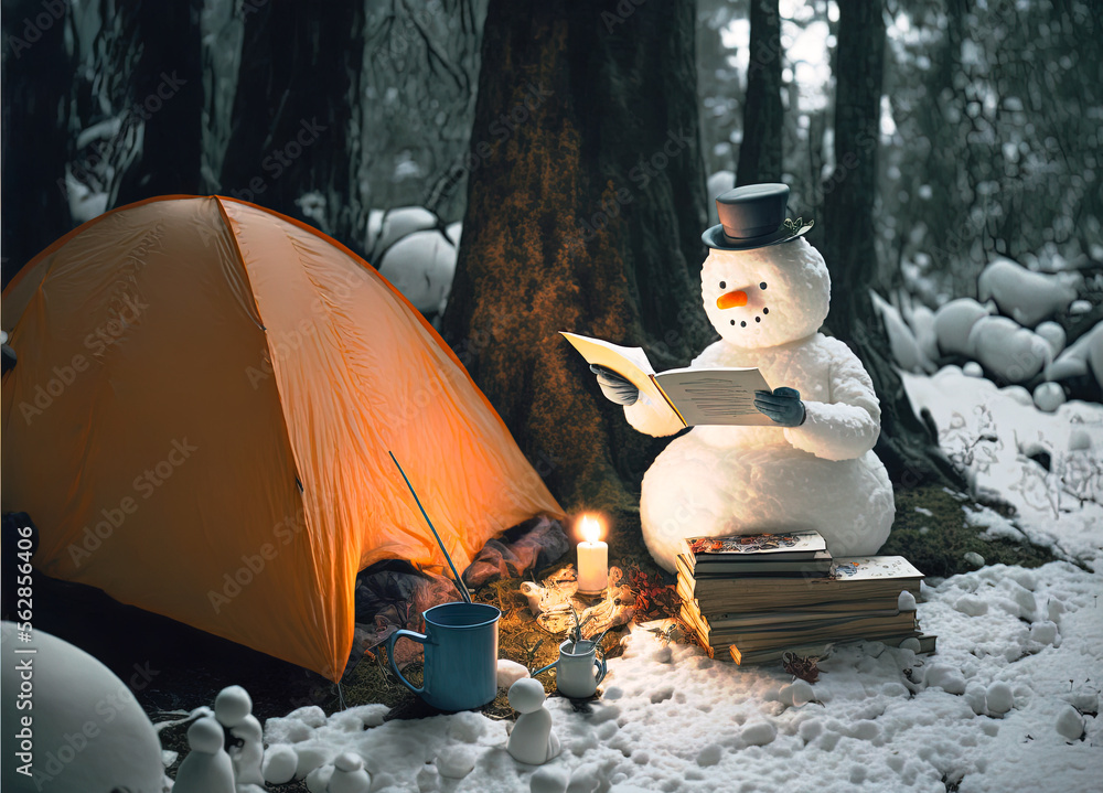 Snowman sitting by a simple campsite winter camping at a campground ...