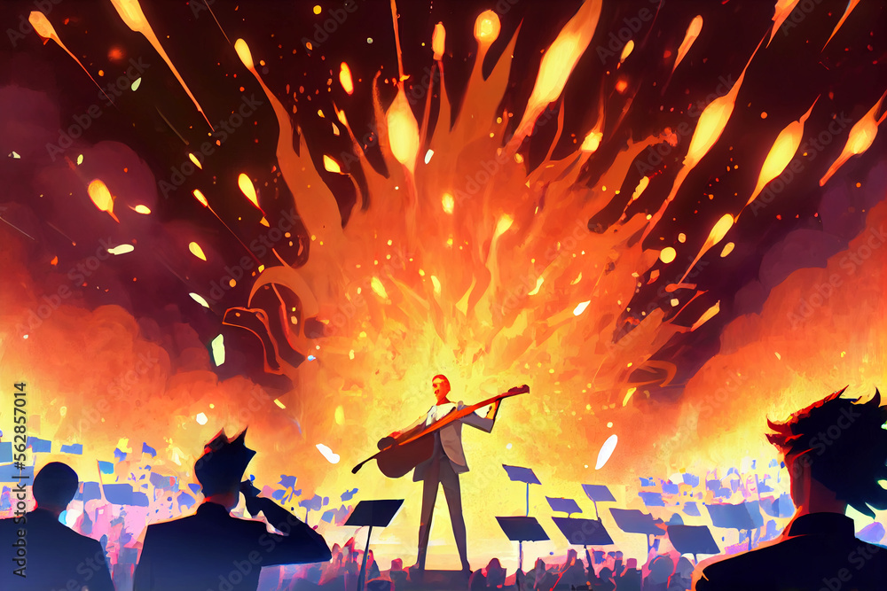 The mad conductor directing symphony of explosion, digital art style ...