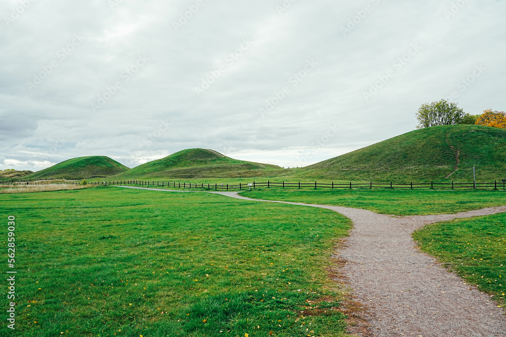 Huge ancient mounds in the countryside of Gamla Uppsala, an important ...
