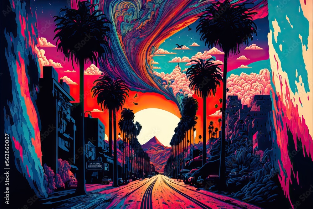 Psychedelic City, With Lisergic visions between buildings, cars, houses ...